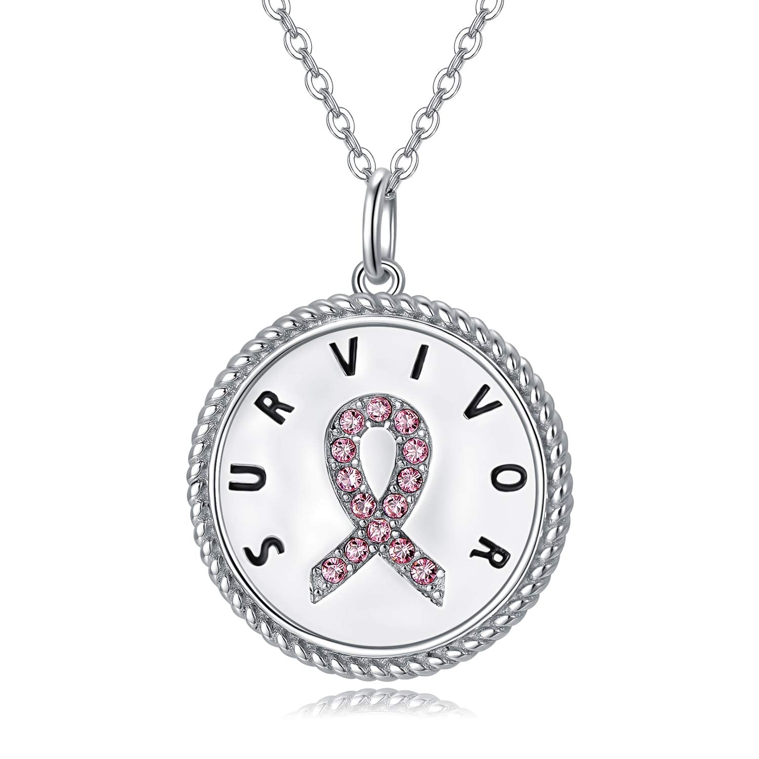 925 Sterling Silver Pink Ribbon Inspirational Breast Cancer Survivor N